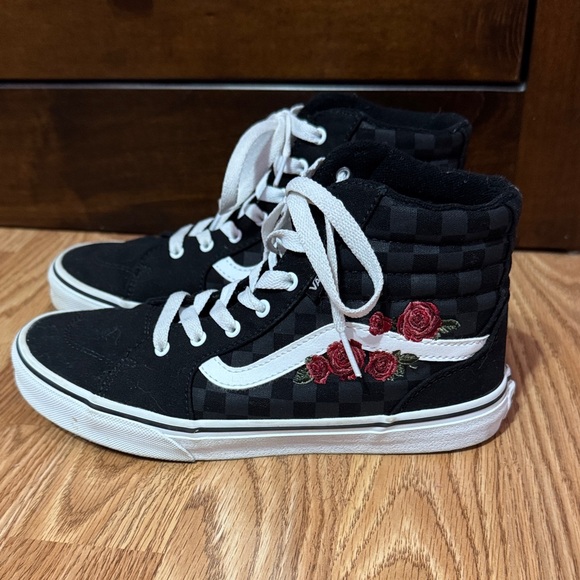 Vans | Shoes | Vans Black Checkered Hightops With Red Rose Detail ...